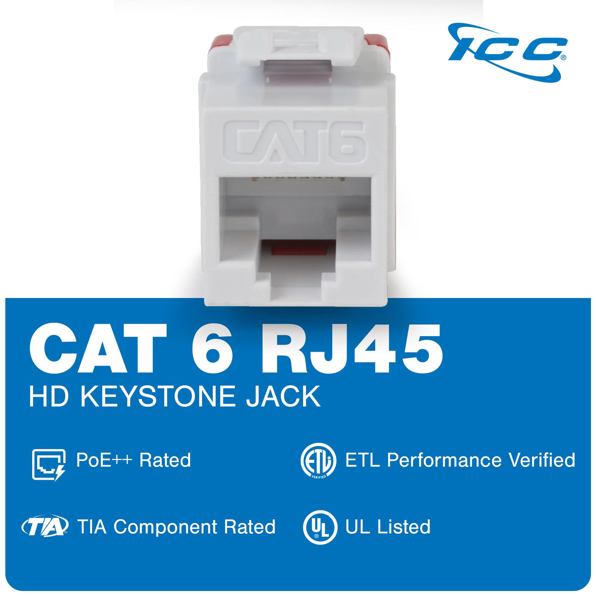 ICC CAT6 Keystone Jack with Slim Profile 180 Degree Punch Down, RJ45 U ...
