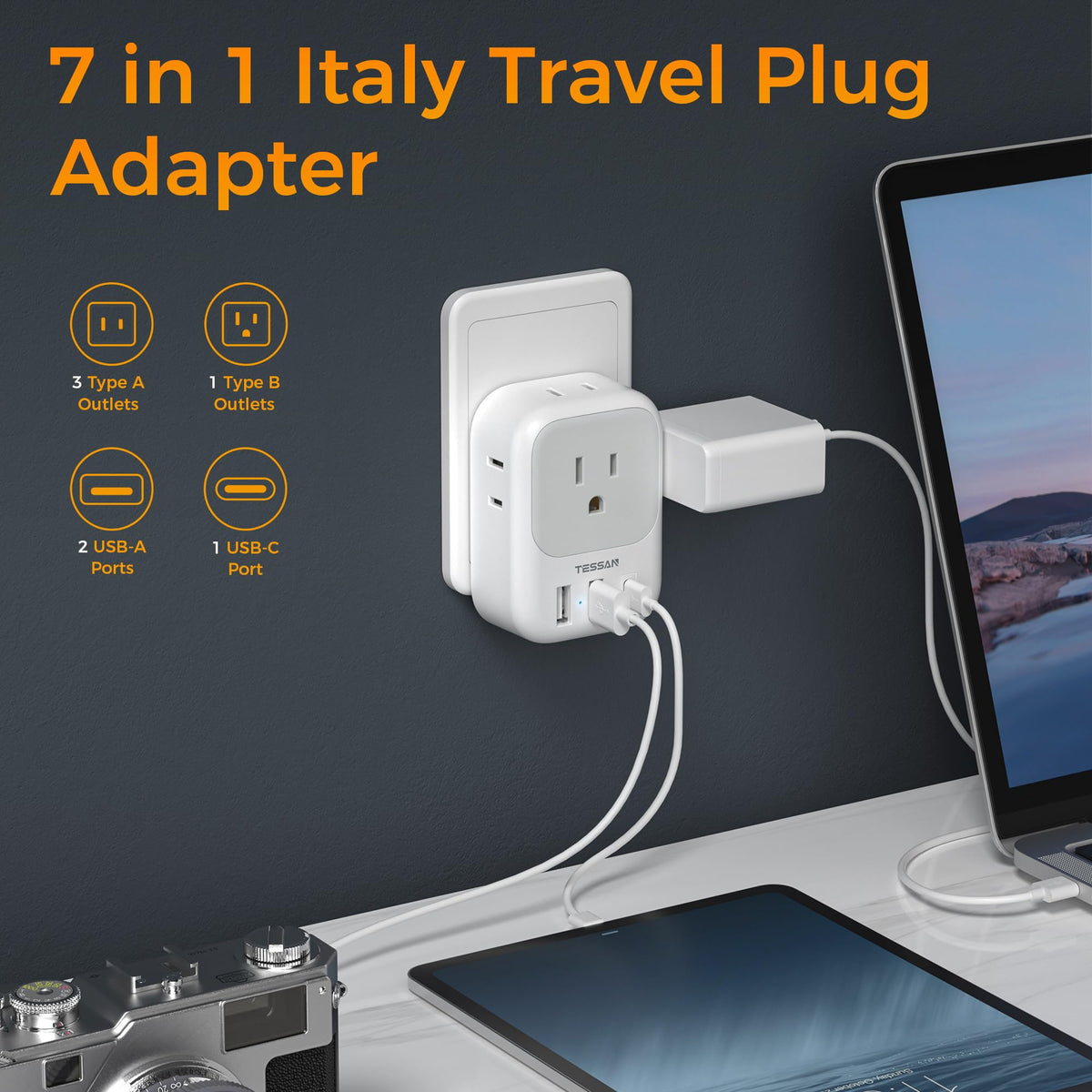 Italy Travel Plug Adapter, Tessan Type L Adapter For Travel With 4 ...