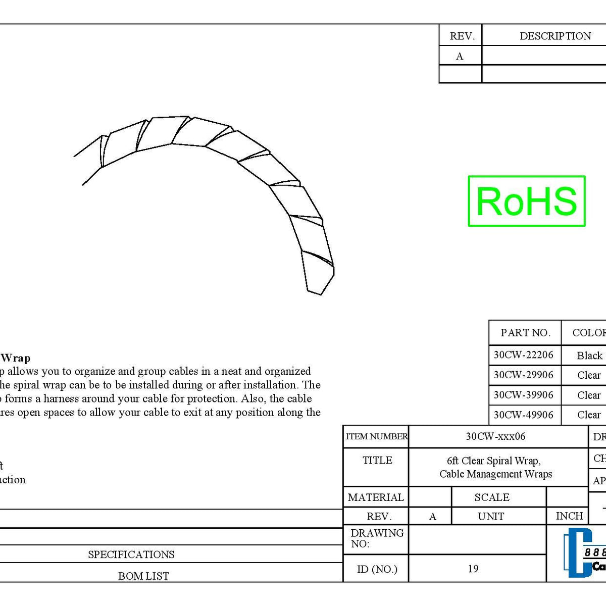 Spiral Cable Wrap, Clear, Diameter: 20Mm 130Mm, Cable Management Wraps ...