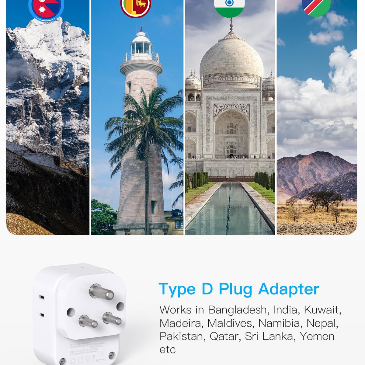 2 Pack Us To India Plug Adapter, Type D Travel Plug Adapter With 4 ...
