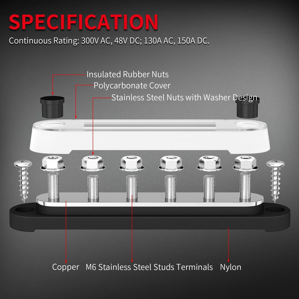 Daiertek Marine Bus Bar 12V 6 X 1/4'' (M6) Terminal Studs 12 Volt Bus ...