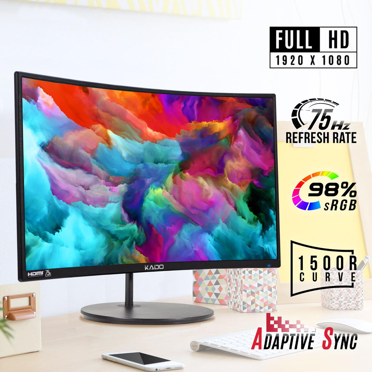 Kado Dual Monitor Setup 2 Pack 24'' Curved 1500R 1920X1080 Computer Mo ...