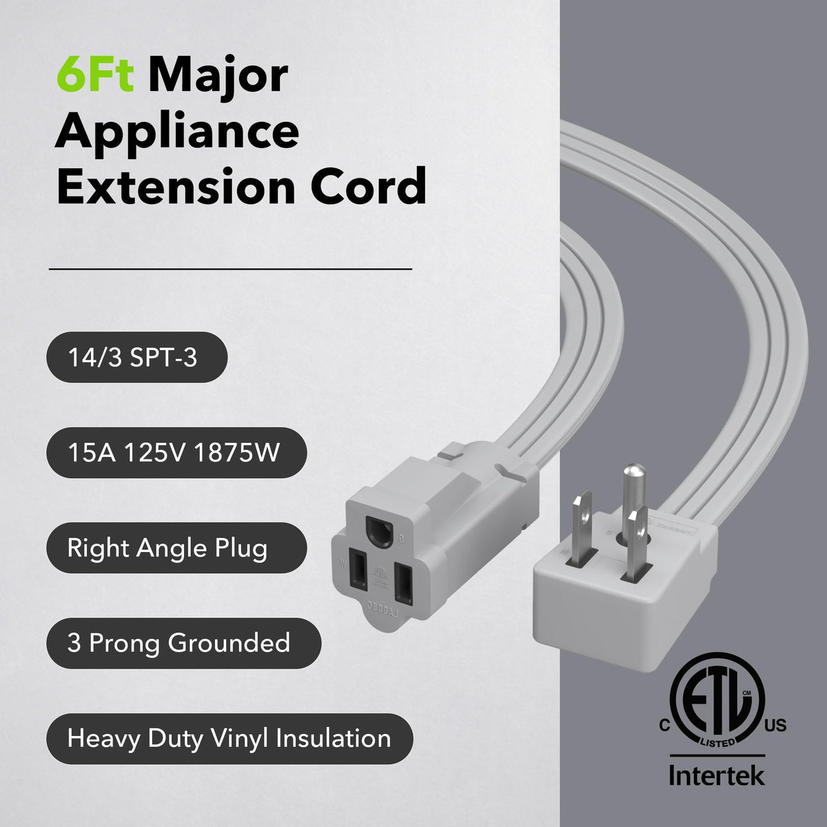 Bn Link 6Ft Air Conditioner Extension Cord 14/3 Spt 3, Gray, 3 Prong G ...
