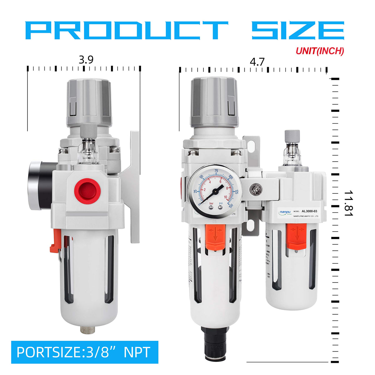 Nanpu 3/8'' Npt Auto-Drain Air Filter Regulator Lubricator Combo (Frl ...