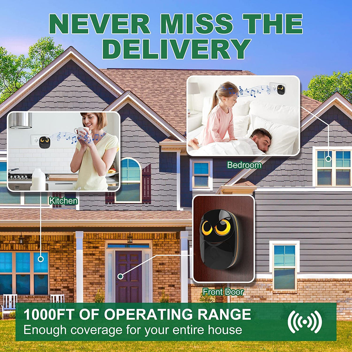 Wireless Doorbell, Cute Owl Doorbell Weatherproof Ip55 Outdoor Remote ...