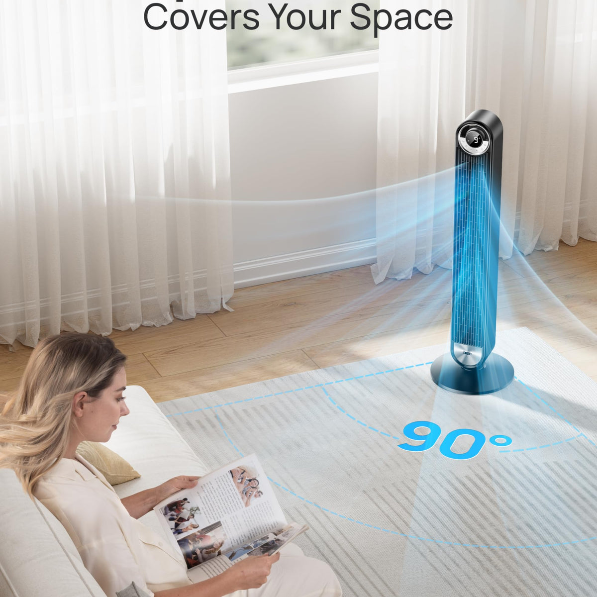 Dreo Tower Fan for Bedroom, 90 Oscillating Standing Floor Fan with 28ft ...