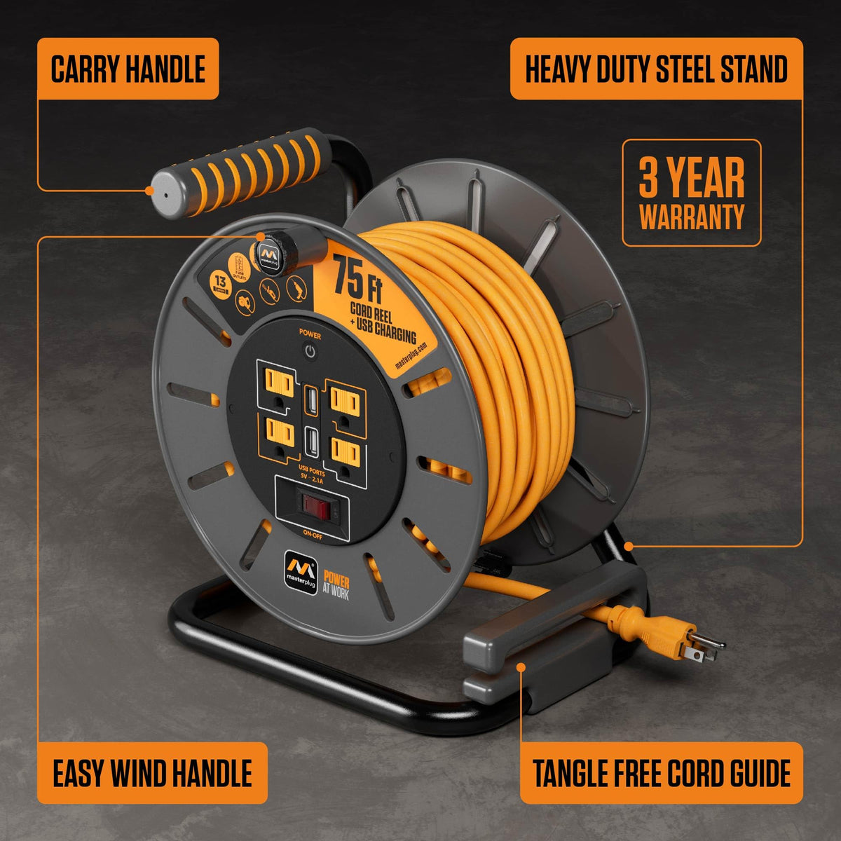 Masterplug 75Ft Cord Reel, Retractable Extension Lead With Winding ...