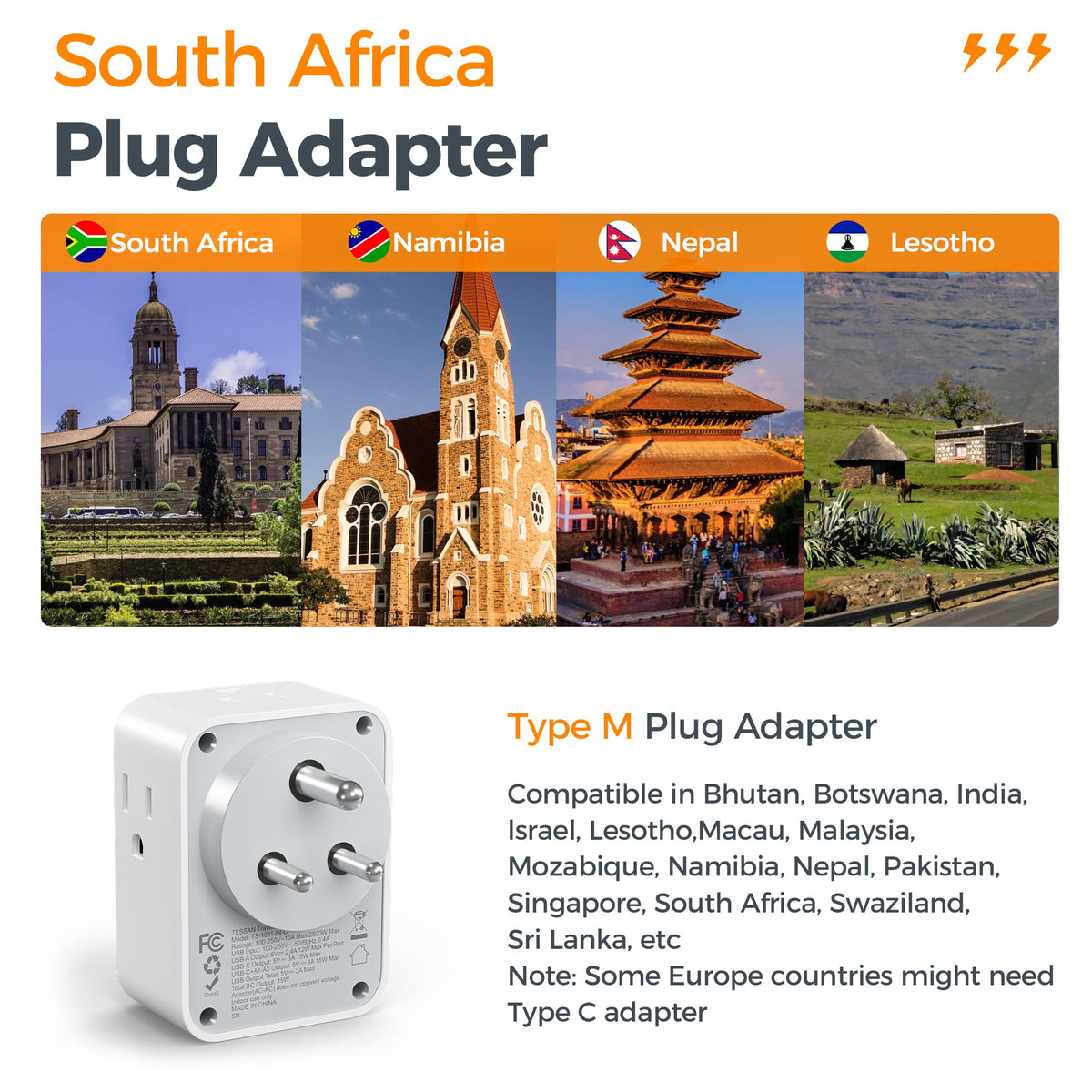 South Africa Plug Adapter 2 Pack, Tessan Type M Adapter With 4 Ac ...