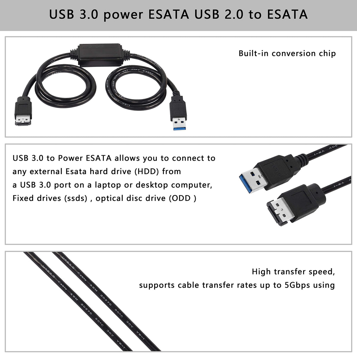 Xmsjsiy Usb To Esata Adapter Cable 5Gbps Usb 3.0 To Power Esata ...