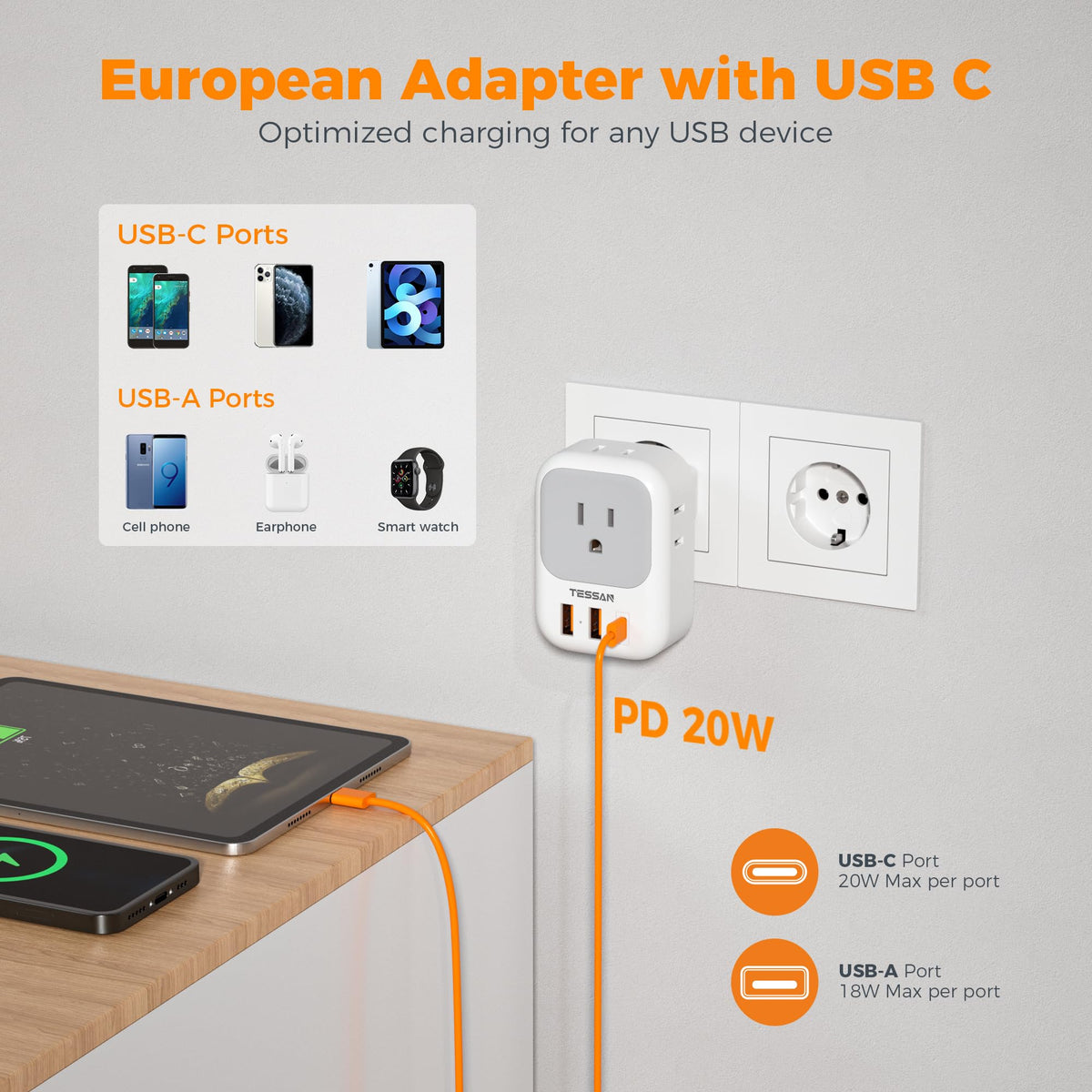 Tessan European Travel Plug Adapter 2 Packs, Type C Europe Adaptor ...