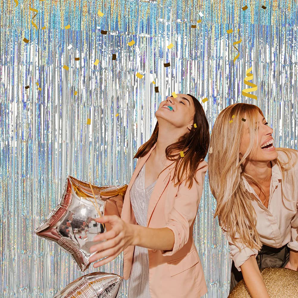 Toniful 3Pcs Laser Silver Door Streamers,Laser Silver Photo Booth Back ...