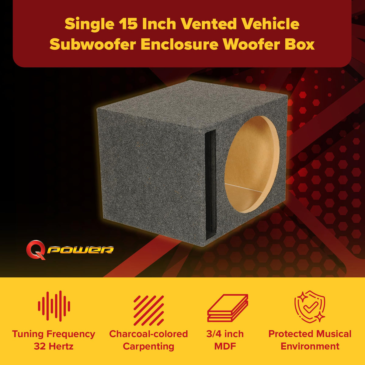 Q Power 15 Inch Heavy-Duty Single Vented Subwoofer Enclosure Box Carpe ...