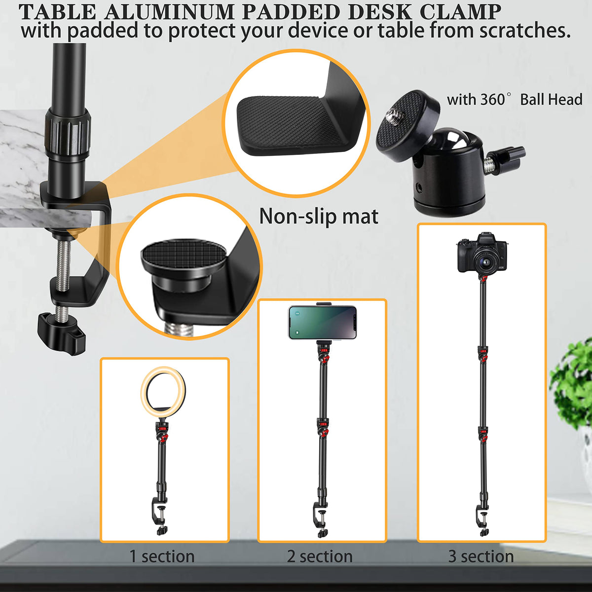 Overhead Camera Mount Desk Stand, 3 Section Flexible Detachable Articu ...