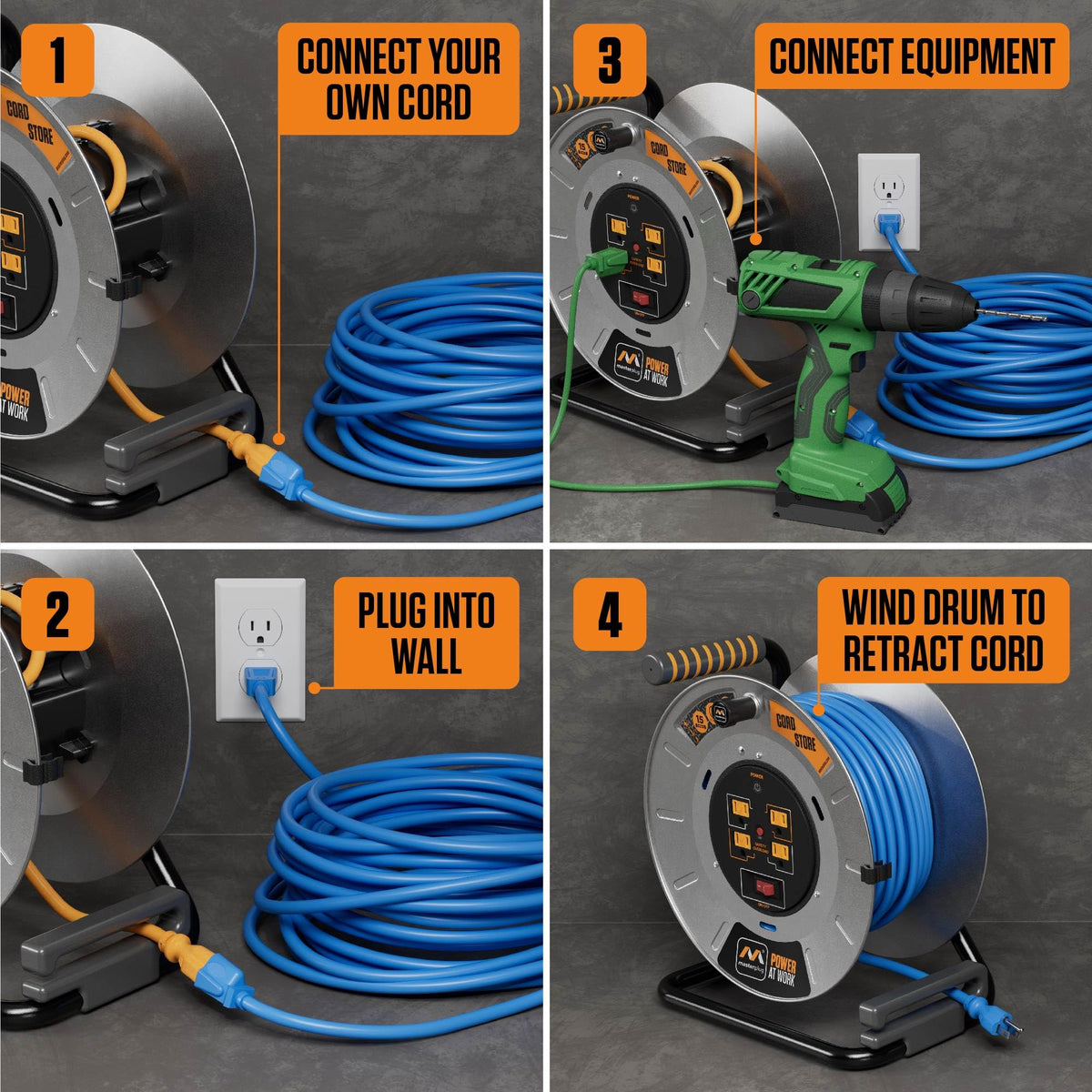 Masterplug 1Ft Cord Reel, Metal Cable Drum, Retractable Extension Lead ...