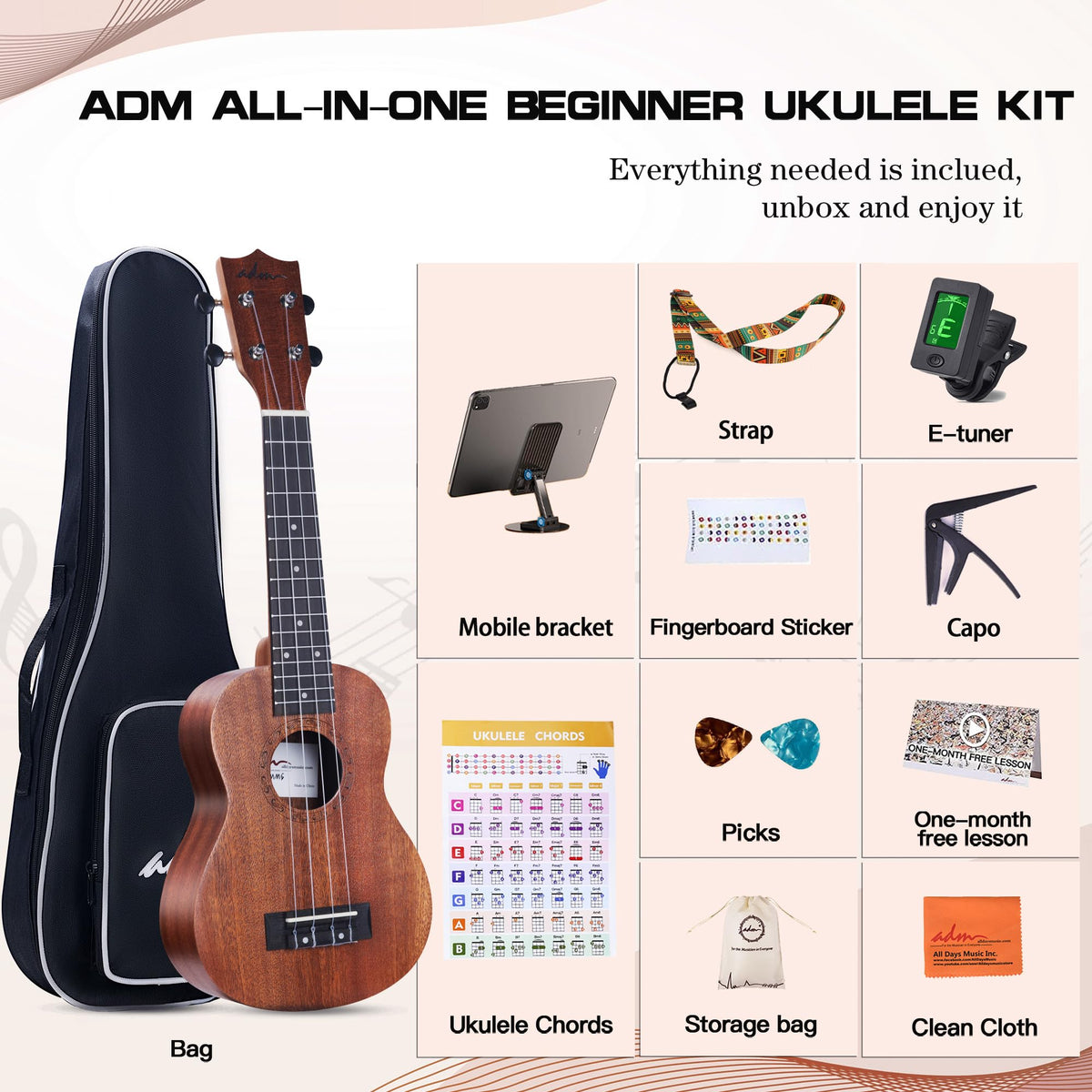 Adm Soprano Ukulele Beginner Kit Mahogany Hawaiian Wood Ukelele Bundle ...