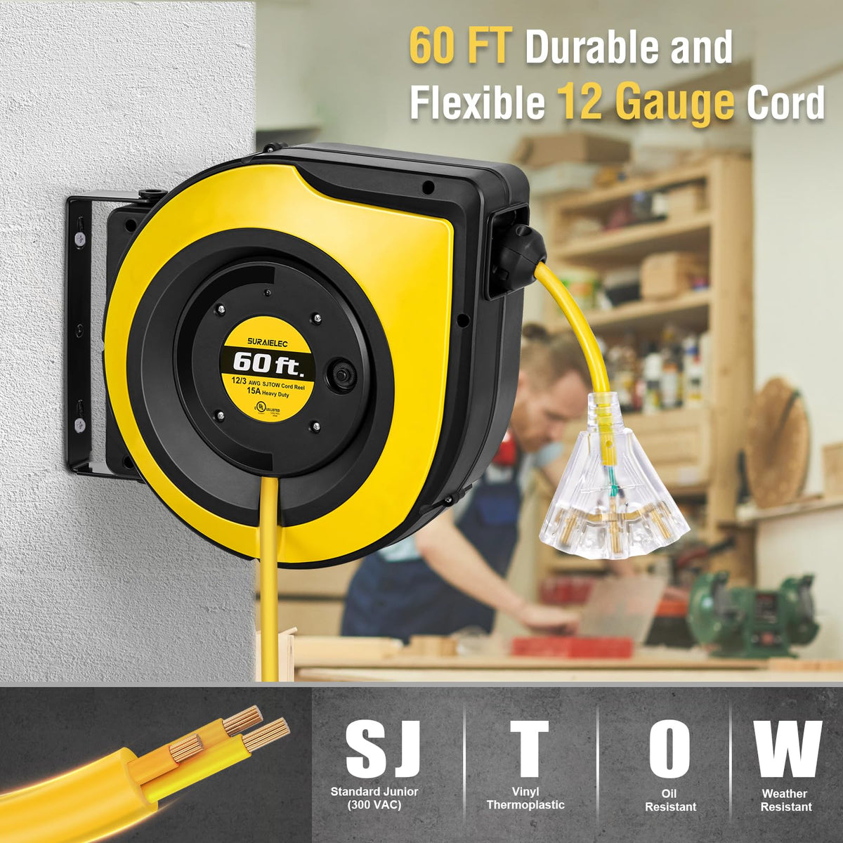 Suraielec 12 Gauge Extension Cord Reel, 60 Ft Retractable Extension Co ...