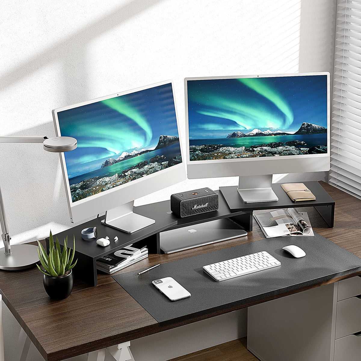 FITUEYES Dual Monitor Stand 3 Shelf Computer Monitor Riser, Wood Des ...