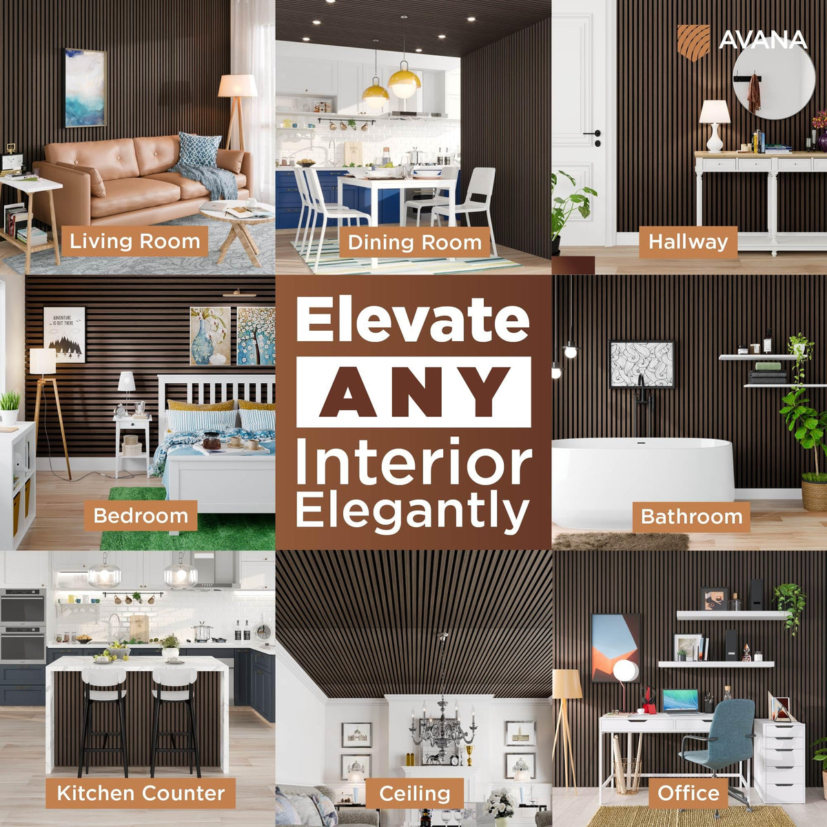 Avana Modern Acoustic Wood Wall Panels 47.2X12.6 Inch Dark Walnut Acou ...