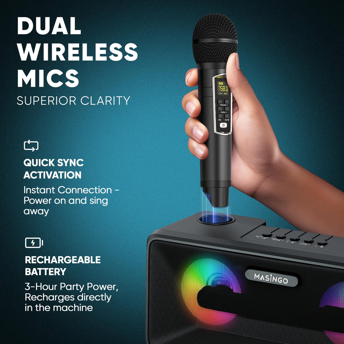 MASINGO Karaoke Machine for Adults and Kids with 2 Wireless Microphones ...